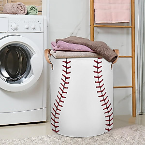 Large Laundry Basket Baseball Texture Laundry Hamper with Leather Handle, Sport Baseball Collapsible Organizer Basket Freestanding Tall Clothes Hamper for Bathroom Bedroom Living Room