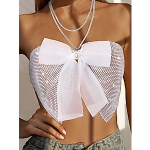 Wriidy Rhinestone Bra Bikini Sparkly Beach Top Mesh Fishnet Pearl Underwear Body Chain Accessories Nightclub Jewelry for Women and Girls (White)