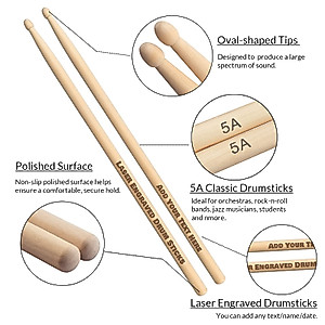 Personalized Drumsticks, Custom Engraved 5A Maple Drum Sticks with Name Text, Gifts for Drummer Musician Men Boyfriend Husband - 1 PAIR