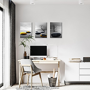 MLOML 3Pcs Modern Bathroom Yellow Gray Wall Art Picture Balance Stone Pebble Canvas Print Black and White Tree Zen Artwork Wall Decor for Office Bedroom 12x16 inchx3