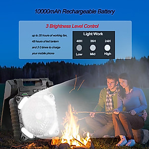 Sireck Solar Powered Camping Fan with LED Lantern,10000mAh Rechargeable Battery Operated Portable Fan,4 Speeds/Timer/Power Bank 90° Folding USB Personal Desk Fan (Black&Orange)