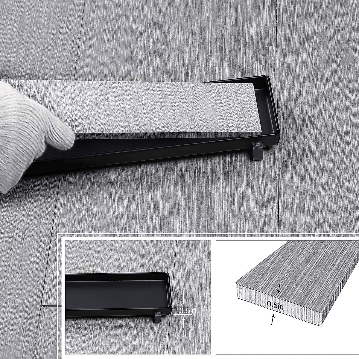 EXF Linear Shower Drain 18 Inch Matte Black with Reversible Flat & Tile Insert Cover, Stainless Steel Rectangle Shower Floor Drain with Hair Catcher, Adjustable Feet