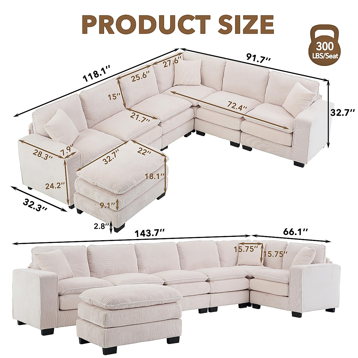 Luxyhoom Modular Sectional Sofa, 6 Seater L-Shaped Convertible Couch with Ottoman, Corduroy Upholstered Living Room Furniture Set, Double Cushion Cloud Corner Couch for Apartment, Hotel, Office, Beige