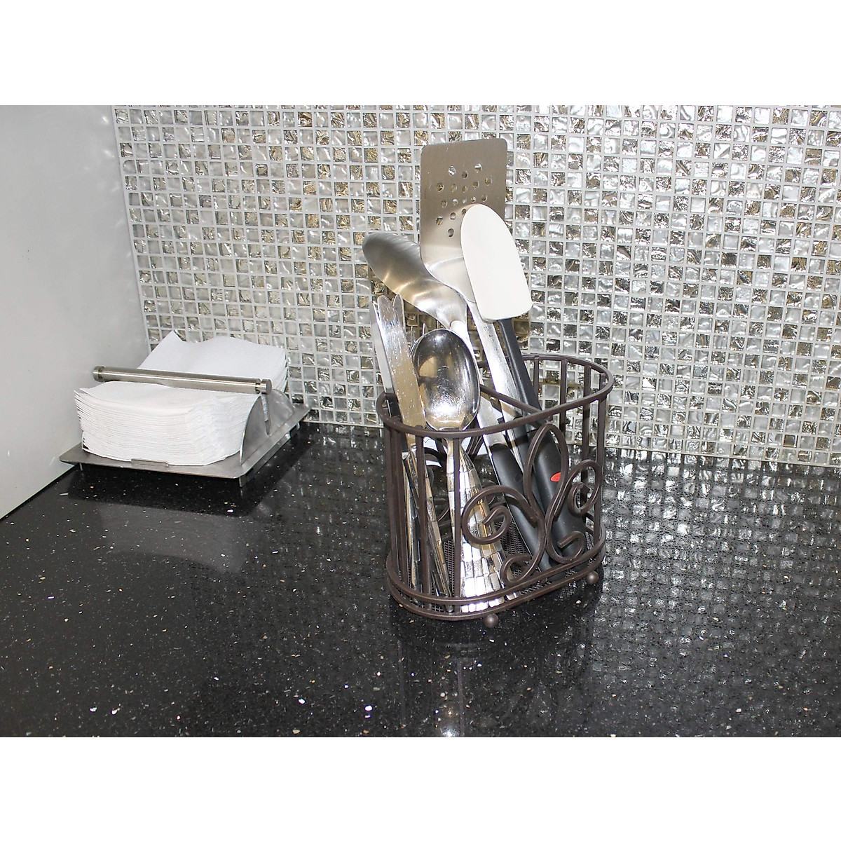 Dependable Metal Wire Cutlery and Utensil Storage Organizer Bin for Kitchen, Pantry, Table and Countertop - Utensil Caddy Holds Forks, Knives, Spoons, Spatulas - 2 Section - Bronze