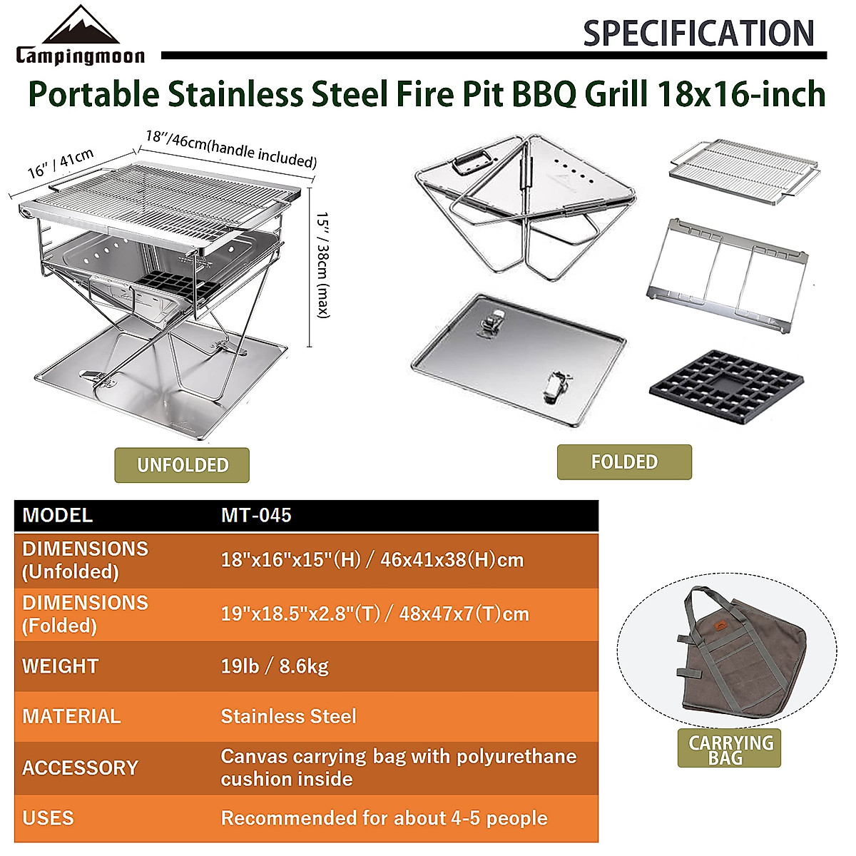 CAMPINGMOON 3-in-1 Portable Stainless Steel Wood Burning Grill and Fire Pit 16x18-inch with Carrying Bag MT-045