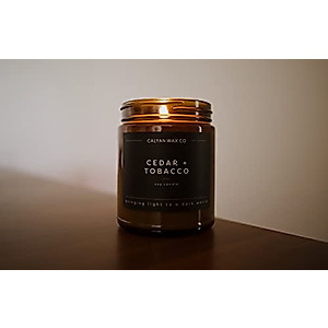 Calyan Wax Soy Wax Candle, Cedar & Tobacco Scented Candle for The Home | Premium Candle with Essential Oils | 7.2 oz 57 Hour Burn | Soy Candle in Amber Glass Jar | Aromatherapy, Gift