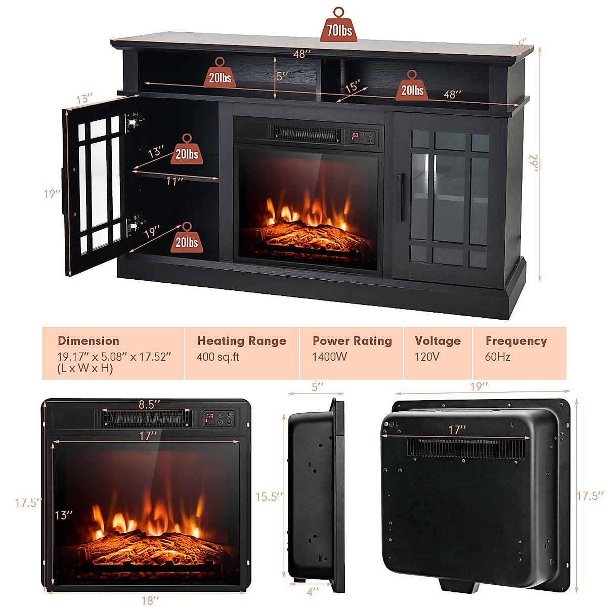COSTWAY Electric Fireplace TV Stand for TVs Up to 55 Inches, 18-Inch Fireplace Insert with Remote, Overheat Protection, 48-Inch Wooden Media Entertainment Center with Adjustable Shelves, Black