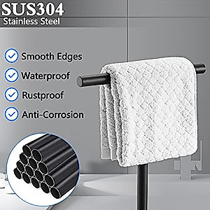 Pynsseu Bath Hand Towel Holder Standing, SUS304 Stainless Steel Matte Black T-Shape Towel Bar Rack Stand, Tower Bar for Bathroom Kitchen Vanity Countertop