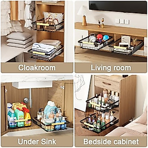 Pull Out Cabinet Organizer, AUFWORLD 2 Pack Heavy Duty Slide Out Drawers Fixed with Adhesive Nano Film, Pull Out Shelves for Kitchen Cabinets, Pantry, Bathroom Organization (Black, 2 Pack)