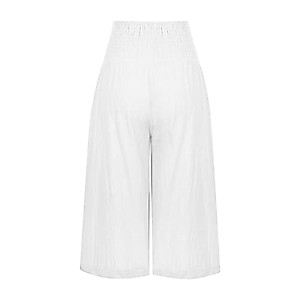 YMADREIG High Waisted Linen Pants for Women Dressy Casual Capris Wide Leg Summer Pants Elastic Waistband Gaucho Pants Workout Yoga Palazzo Pants Vacation Lounge Boho Pants with Pocket
