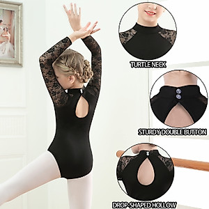 MOLLDAN Girls Dance Ballet Leotard with Lace Long Sleeves Kids Turtle Neck Dancewear,Hollow Back(QT6029-06-XXL)
