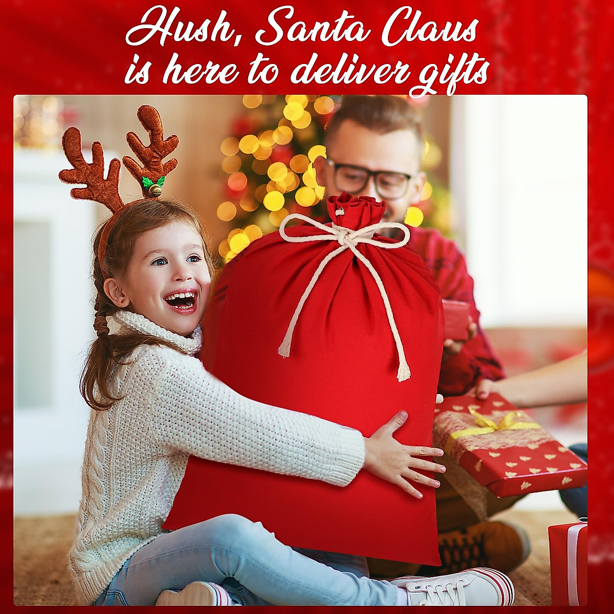 Newwiee 6 Pcs Large Christmas Canvas Gift Bag 26.7 x 19.7 Inch Santa Sublimation Blank Red Bag Reusable Canvas Drawstring Bag Xmas Canvas Sacks for DIY Presents Package Storage Party Supplies