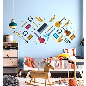 Music Instruments Decor Wall Decals for School Classroom,Guitar Drum Oboe Bass Decor Wall Stickers for Kids Room, Remove Vinyl Wallpaper Mural for Nursery