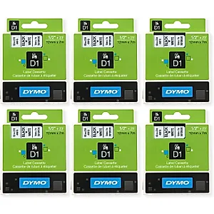 Dymo D1 Standard Tape Cartridge, 1/2in x 23ft, Black on White Tape Cartridge, Pack of 6
