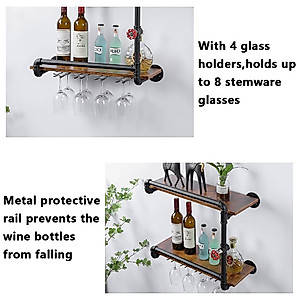 POLUNCA Wine Rack Wall Mounted 2 Tier, Industrial Pipe Decor, Black Wine Shelf Rack with Glass Holder, Perfect for Kitchen, Bar, Restaurant, 23.6x10.6x19.7 inches