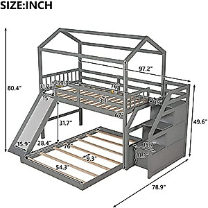 DNYN Stairway Twin Over Full Bunk Bed with Slide and Storage Staircase for Kids Bedroom,House Shaped Wooden Bedframe w/Full-Length Guardrails,No Box Spring Needed, Gray