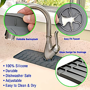 UPGRADED Exemplary Elements Silicone Sink Faucet Water Drip Catcher Tray - Larger Size 18 in x 6 in - 1pc - Water Splash Guard - Efficient Water Drain - Easy to Clean (Gray)