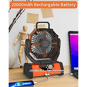 ADUST Camping Fan Battery Operated Powered Fan with LED Lantern Light 20000mAh Rechargeable Portable Fan, Oscillating Fan with 360° Rotation Hanging Hook for Tents, Cordless USB Desk Fan(Orange)