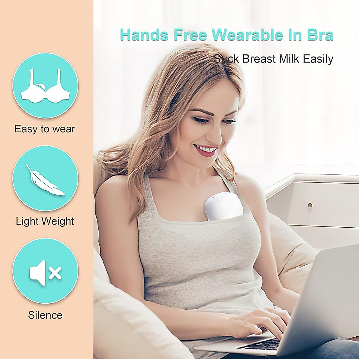 Breast Pump,Wearable Breast Pump,Electric Hands Free Breast Pump,Rechargeable Single Pumping with Massage Mode,Portable Breast Pump Breastfeeding with 5 Suction Levels,28mm 6.34 oz