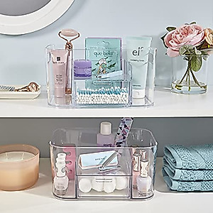 STORi Bliss 4-Compartment Plastic Vanity Organizer with Small Accessory Drawer in Clear | Rectangular Makeup, Skincare, & Cosmetic Storage Bin with Pass-Through Handles | Made in USA