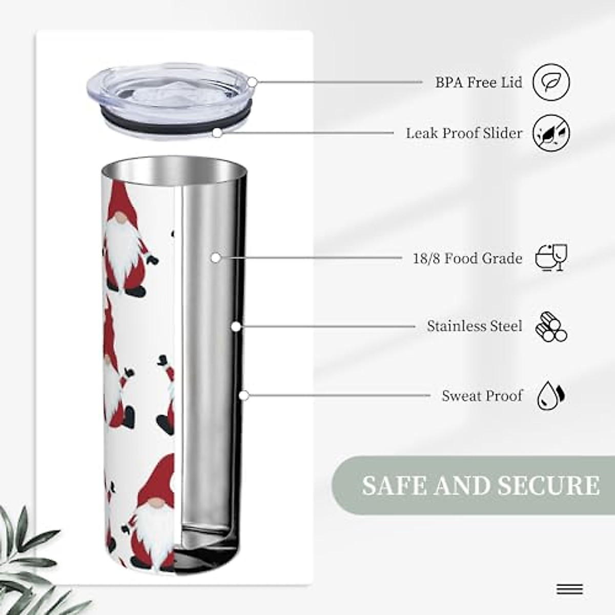 AFHYZY 20 oz Skinny Tumbler Reusable Coffee Travel Mug with Lids and Straws, Insulated Coffee Cups 20oz Stainless Steel Water Bottles Leak Proof for Women, Office - Gnome