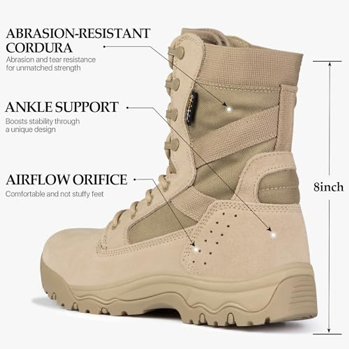 FREE SOLDIER Men's Tactical Boots 8 Inches Lightweight Combat Boot Durable Suede Leather Military Work Boots Desert Boot (Tan, 11)