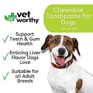 Vet Worthy Chewable Toothpaste - Dog Teeth Cleaning Chews with Propolis & Zeolites - Toothpaste for Dogs - Dog Tartar Remover for Teeth & Dog Chews for Cleaning Teeth - 60ct (Chicken Liver)