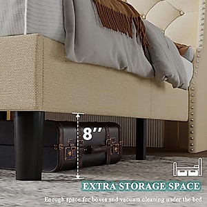 iPormis Queen Bed Frame with Deluxe Wingback & 2 USB Ports, Button Tufted Storage Headboard, Solid Wood Slats Support, No Box Spring Needed, Beige