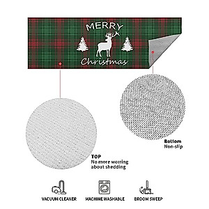 Welcome Mats, Merry Christmas Elk and Christmas Tree Red and Green Plaid Door Mat, Non-Slip Absorbent Large 24x71 Inch Outdoor Indoor Mat Low-Profile Floor Mat Doormat for Entryway/Patio/Garage