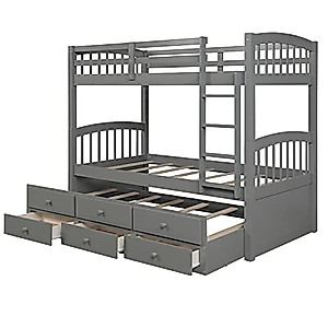 Harper & Bright Designs Twin Over Twin Bunk Bed with Trundle and Storage, Solid Wood Bunk Bed Frame with 3 Drawers for Kids, Teens, Adults (Gray)