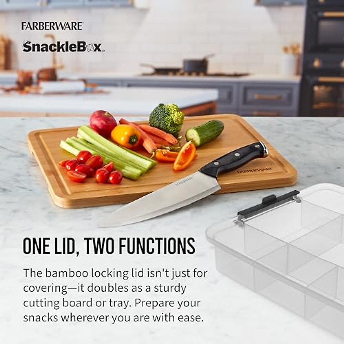 Farberware Build-a-Board Snacklebox with Locking Bamboo Cutting Board Lid, Portable Charcuterie Storage with Compartments,Make it. Take it. Enjoy it., 11x16-Inch, Natural
