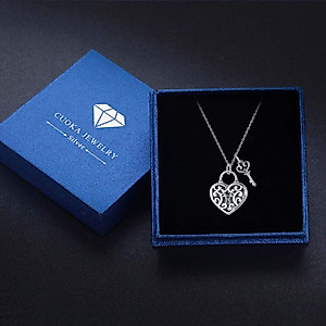 Cuoka Heart Locket Necklace That Hold Two Photos, 925 Sterling Silver Lock and Key Set, Mother Day Anniversary Birthday Gift for Women Girlfriend Daughter with Gift Box (Key & Heart)