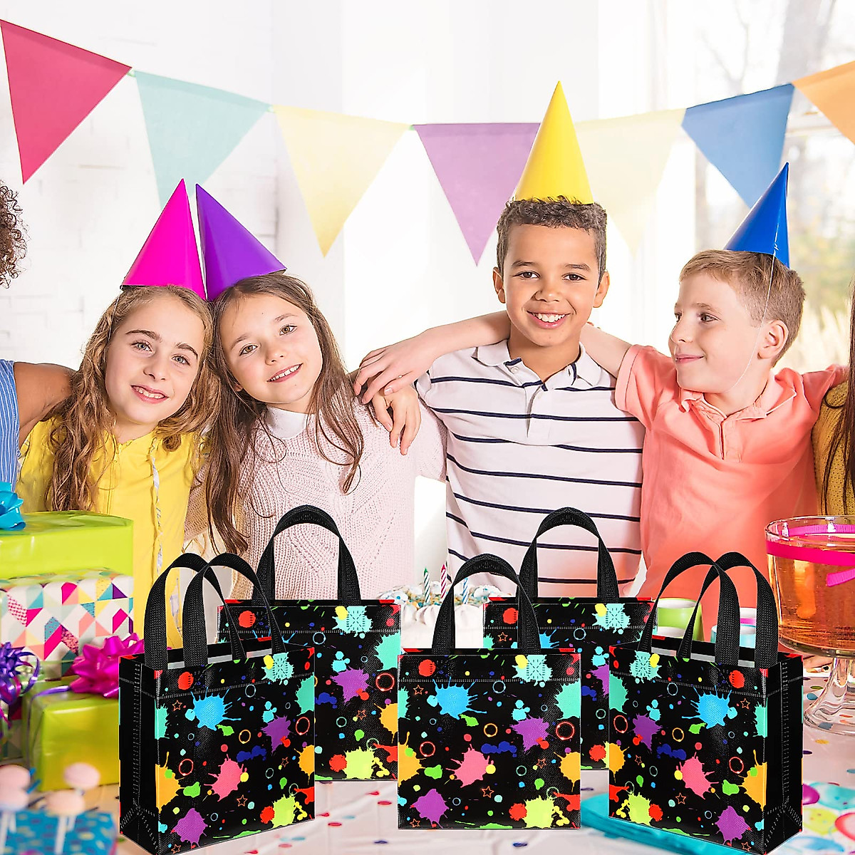 Sweetude 40 Pcs Glow in the Dark Gift Bags Glow Party Gift Treat Bag Neon Theme Party Candy Gift Bags with Handles Non Woven Goodie Gift Bags for Party