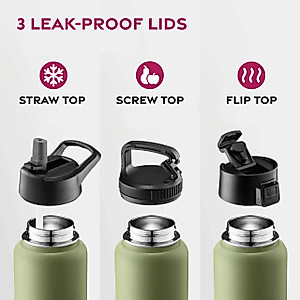 FineDine Triple Walled, Insulated Water Bottles with Straw - 25 Oz Stainless Steel Metal Bottle W/ 3 Leak Proof Lids - For Travel, School, Sports, Gym / Men, Women & Kids - Army Green