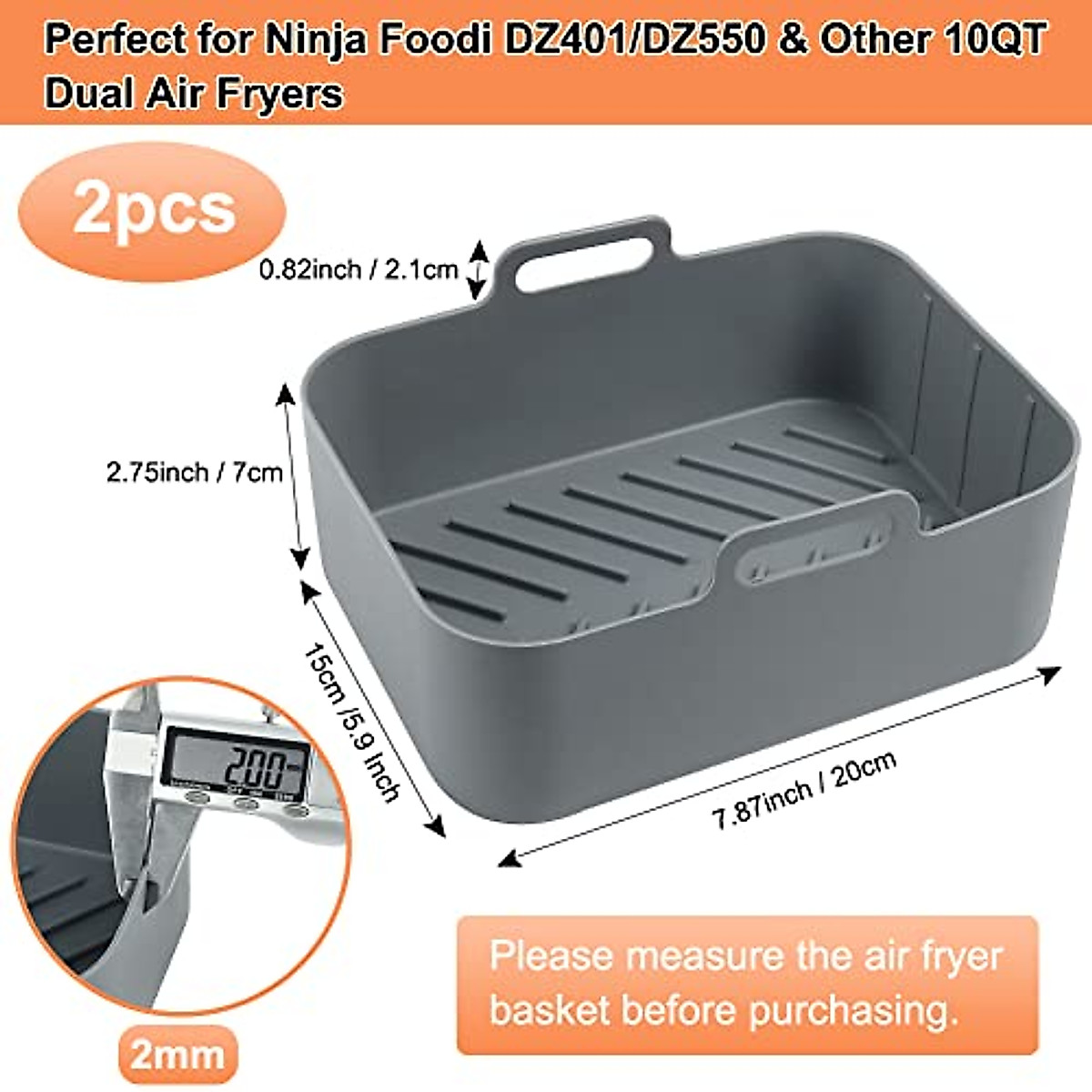 BYKITCHEN Air Fryer Silicone Liners for Ninja Dual Air Fryer 10 QT, Set of 2, Rectangular Silicone Air Fryer Liners Compatible with Ninja DZ401/DZ550, Double Air Fryer Accessories