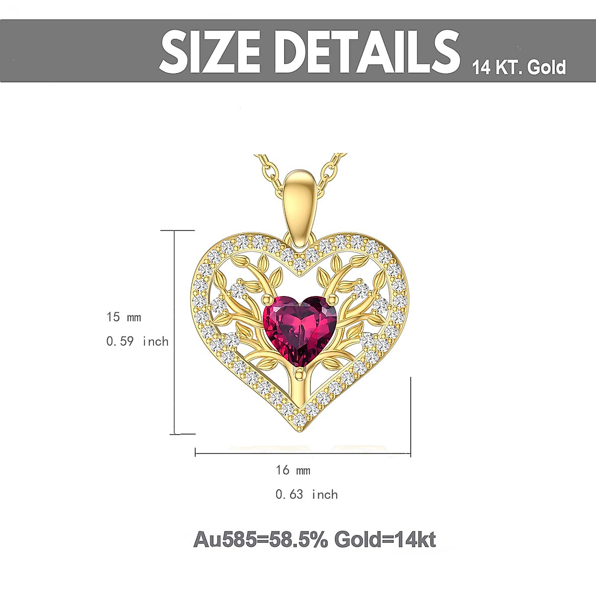 SISGEM 14K Real Gold Tree of Life Necklace for Women,Yellow Gold Family Tree Pendant Necklace Garnet Heart Jewerly Gifts for Birthday Christmas 16+1+1 inch