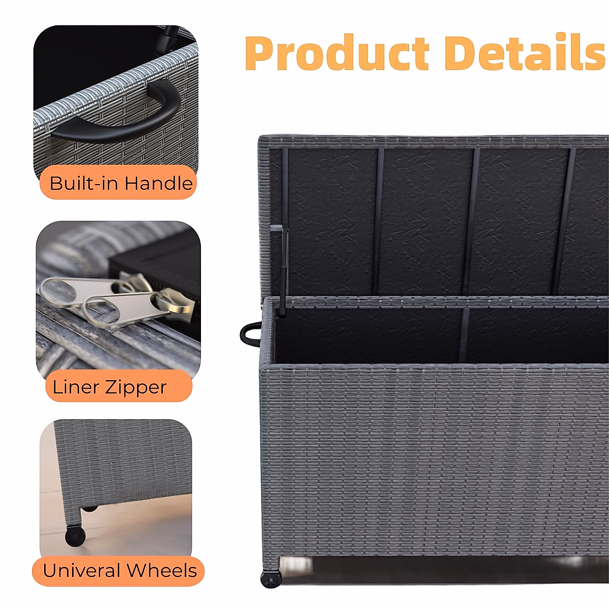 120 Gallon Wicker Deck Box, Waterproof Outdoor Storage Box with Wheels, Large Storage Bench Organizer for Patio Backyard Cushions, Garden Tools and Pool Supplies, Gray