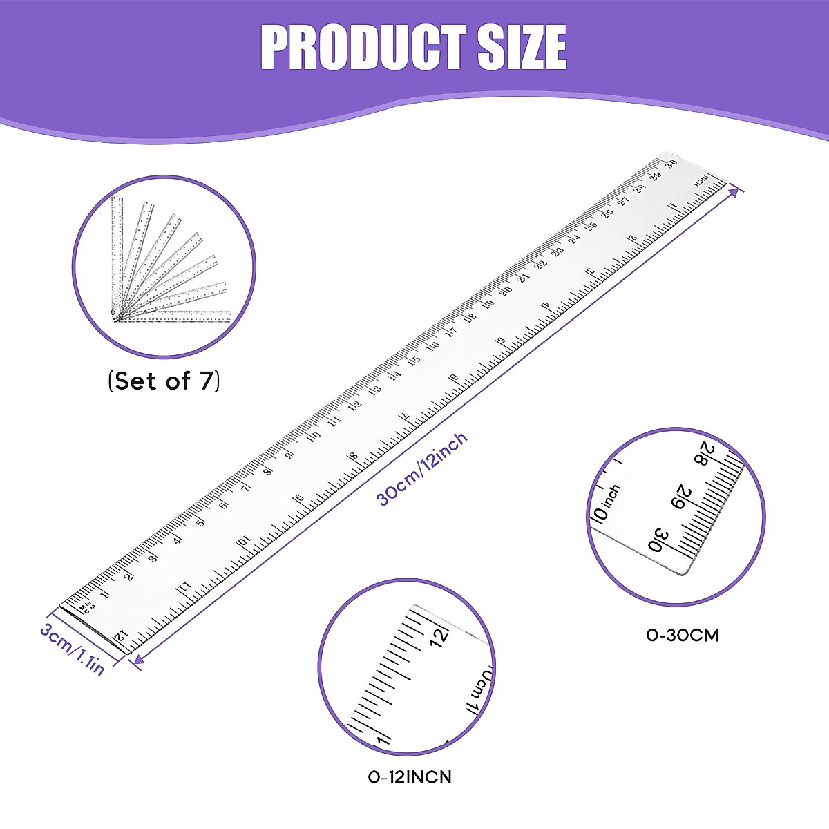 FeFu 7 Pack Clear Plastic 12 Inch Ruler, Dual Scale Inches and Centimeters, Injection Molded