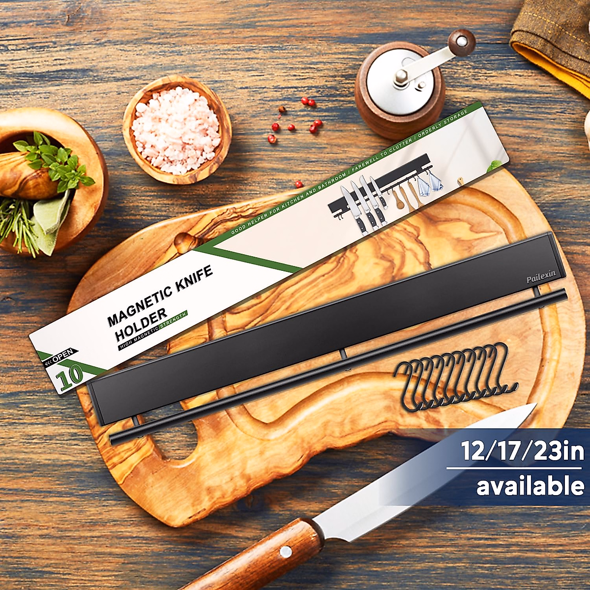 Pailexin 17 inch magnetic knife holder with 10 hooks, No Drilling black knife magnetic strip and utensil hanger for wall, Powerful knife magnet rack include tape and screws