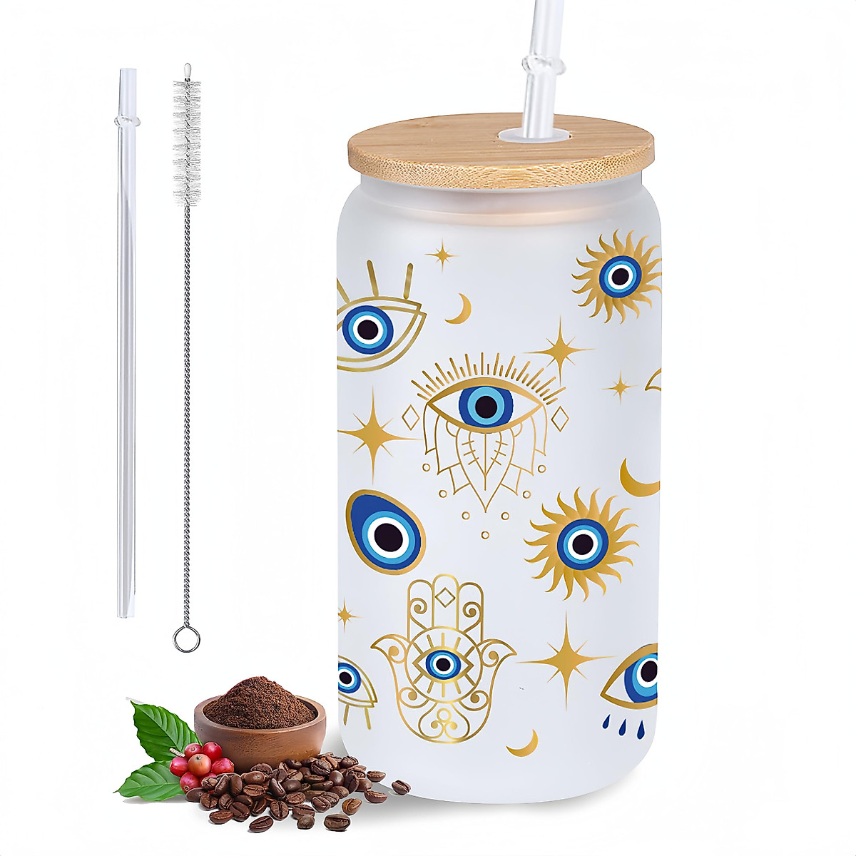vradcorel Evil Eye Glass Cups With Bamboo Lids And Straws - Iced Coffee Cup Home Decor -Ojo Turco Drinking Glasses for Beer -Cute Can Shaped for Latte,Soda,Smoothie Whiskey -Gift for Women