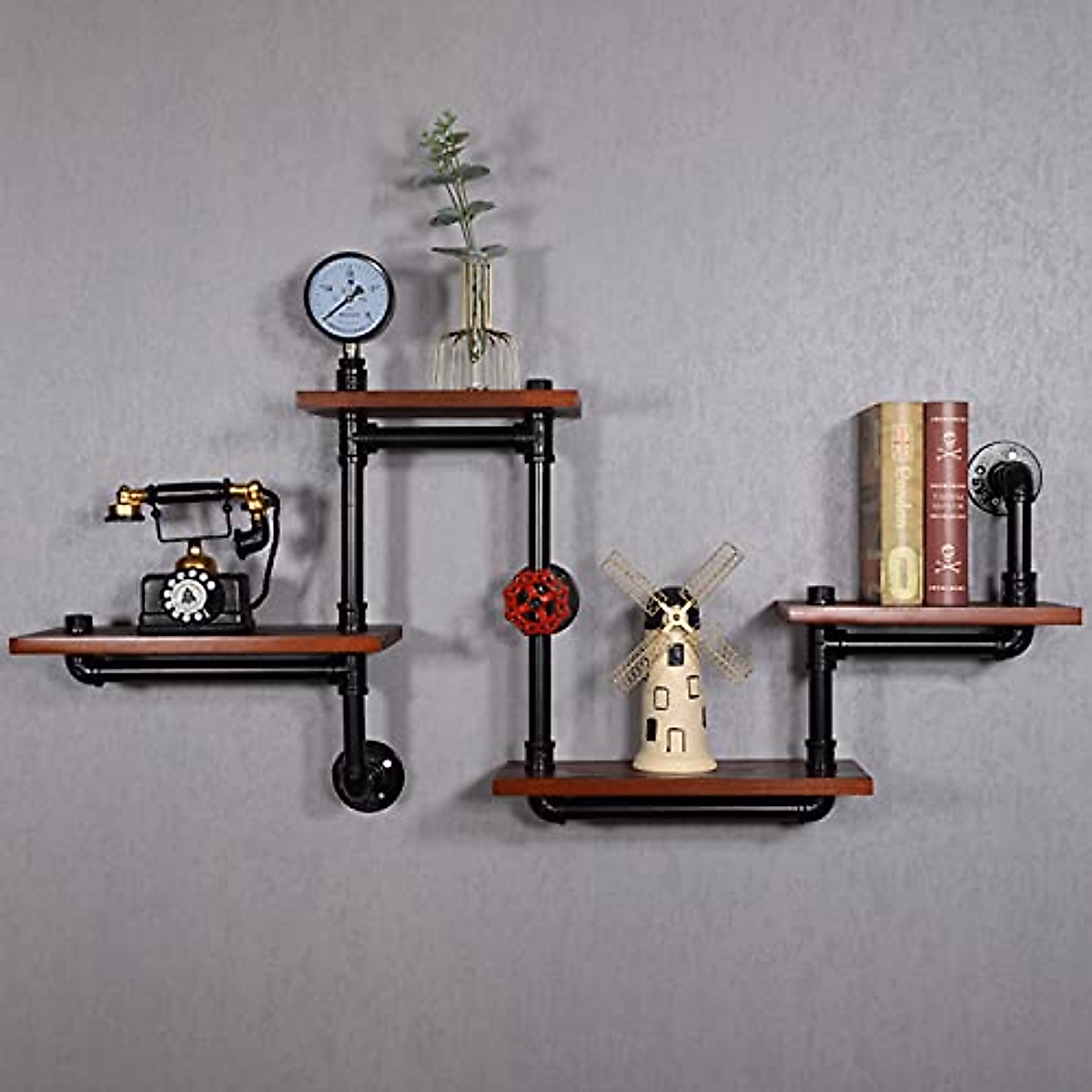 4 Tiers Industrial Pipe Shelving Wall Mounted,Rustic Wood Wall Shelf Storage Metal Floating Shelves Unit Bookshelf Hanging Wall Shelves for Farmhouse Kitchen Bar Bathroom Living Room Home Decor