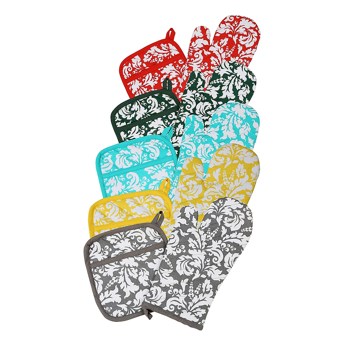 Yourtablecloth Set of Oven Mitt and Pot Holder or Oven Gloves-100% Cotton, High Heat Resistance, Superior Protection & Comfort–Elegant Design-Machine Washable-Nautical Blue