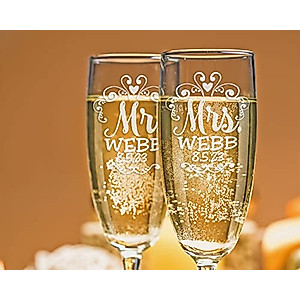 Mr Mrs Wedding Reception Celebration Twisty Stem Champagne Glasses Set of 2 Couples Newlywed Married Groom Bride Husband Wife Anniversary Engraved CLEAR Flute Glass Favors (Personalized)