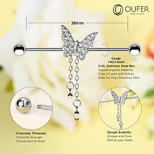OUFER Butterfly Industrial Piercing Jewelry,14G Surgical Steel Industrial Barbells, Chain Industrial Earrings, Industrial Bar For Women