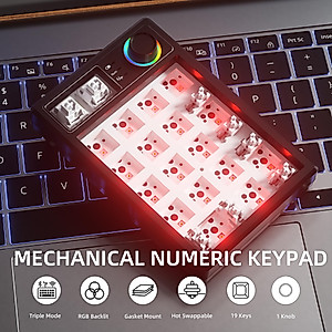 KEYCOOL K19 Wireless Numeric Keyboard, Mechanical Number Keypad Hot-swappable Bluetooth Numpad 5.0/2.4GHz, RGB Multi-Function Knob Numerical Keyboard for Laptop Mac Win iOS Android