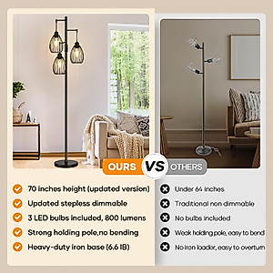 Dimmable Floor Lamp, 3 x 800LM LED Edison Bulbs Included, Farmhouse Industrial Floor Lamp Standing Tree Lamp with Elegant Teardrop Cage Heads Tall Lamps for Living Room Bedroom Office Dining Room