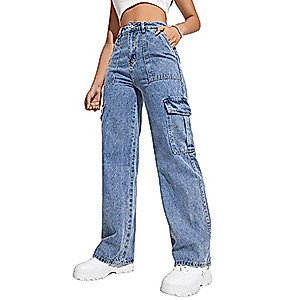 SweatyRocks Women's High Waist Cargo Jeans Flap Pocket Wide Leg Denim Pants Blue L