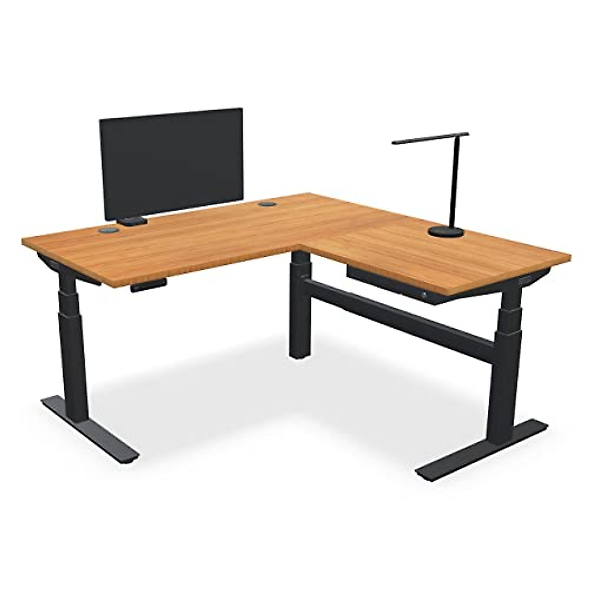 Uplift Desk Bamboo (60 x 60 x 30 x 27 inch) Standing Desk 3-Leg V2-Commercial Adjustable Stand Up L-Shaped Frame (Black), Advanced Keypad, Wire Grommets, Wire Tray, Rocker Board