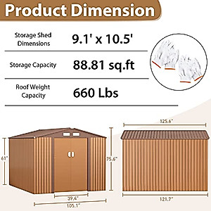 JAXPETY 9x10.5 FT Outdoor Storage Shed - Galvanized Metal Storage Shed Garden Shed with Double Lockable Doors and Floor Frame Backyard Shed for Garden Patio Backyard Lawn Tools, Brown