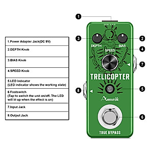 Amuzik Tremolo Guitar Effect Pedal Classic Trelicopter Effects Pedals Analog Tremolo Pedal for Electric Guitar True Bypass Mini Size